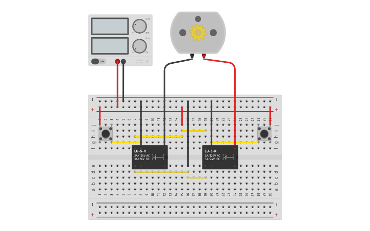 Circuit design H-Bridge by 2 relays - Tinkercad