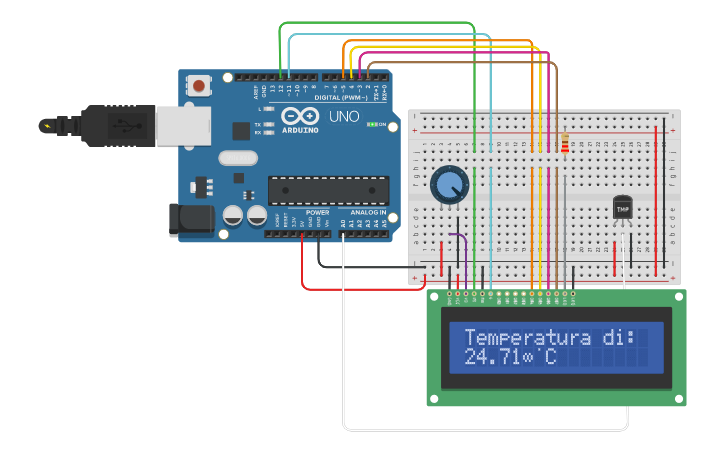 Circuit design CIRCUITO CON LCD, POTENZIOMETRO E SENSORE DI TEMPERATURA - Tinkercad