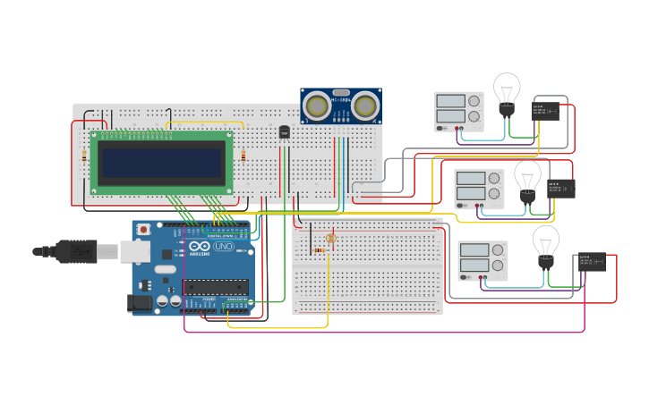 Circuit Design Sensor Suhu Ultrasonik Cahaya Tinkercad