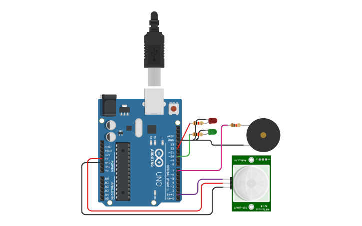 Circuit design Sensor+LED+Sound - Tinkercad