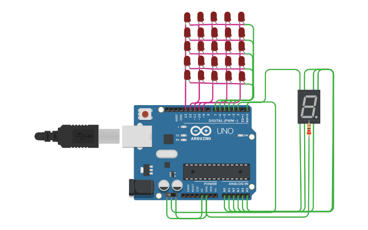 Circuit design LED MATRIX and 7 SEGMENT - Tinkercad