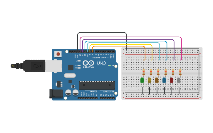 Circuit design Arduino LED Chasing - Tinkercad