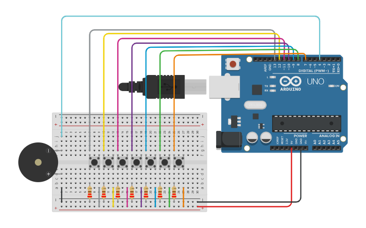 Circuit design Circuito Buzzer y 7 Botones - Tinkercad