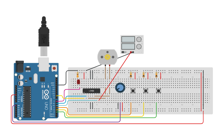 Circuit design teleinversione e controllo pwm motore cc - Tinkercad
