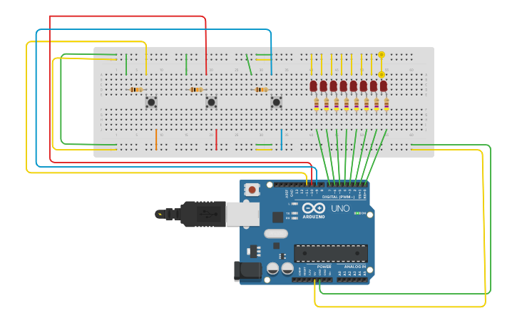 Circuit design Arduino Blinking, Ring and Johnson Counter using Switches - Tinkercad