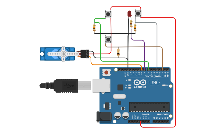 Circuit design 3 buttons servo | Tinkercad
