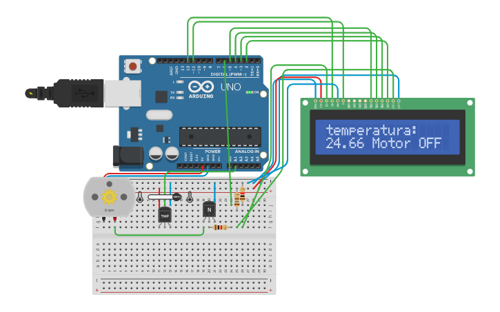 Circuit design Sensor de temperatura con motor y display LCD - Tinkercad Circuit design Sensor de temperatura con motor y display LCD - Tinkercad