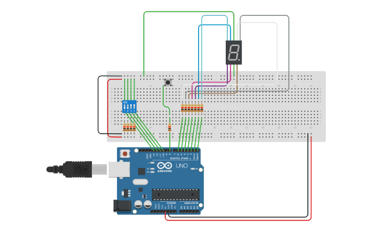 Circuit design 7-Segment mit DIP-Schalter - Tinkercad