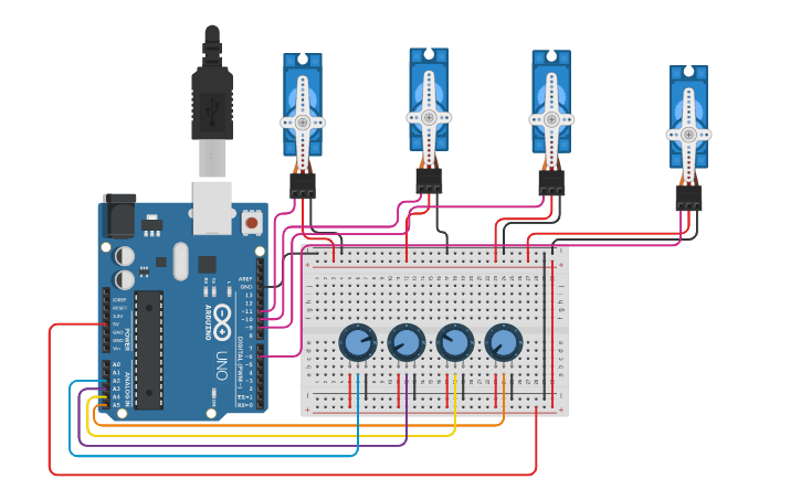 Circuit design Controle de 4 servos - Tinkercad