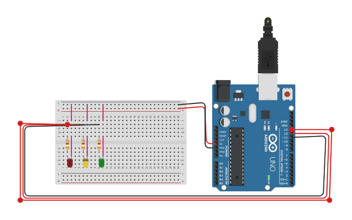 Circuit design Semaforo ciclo while - Tinkercad