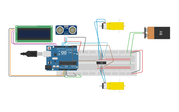 Circuit design L293D DOS MOTORES Y SENSOR ULTRASONICO - Tinkercad