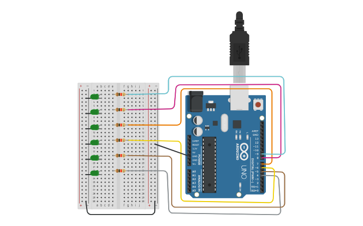 Circuit design CONDUCCION DE MULTIPLES LED - Tinkercad Circuit design CONDUCCION DE MULTIPLES LED - Tinkercad