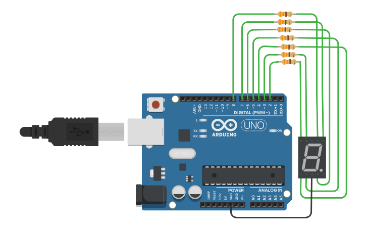 Circuit design Display 7 segmentos | Tinkercad