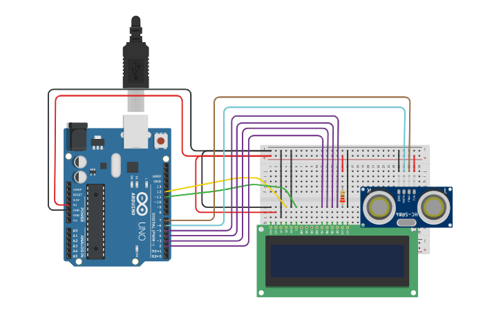 Circuit design Arduino Ultrasonic Sensor with LCD 16x2 - Tinkercad