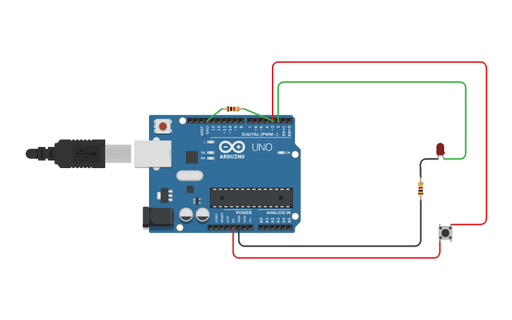 Circuit design Arduino opdracht 1: Drukknop met vertraging - Tinkercad