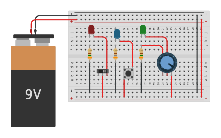 Circuit design led con pulsador, interruptor deslizante y potenciómetro | Tinkercad