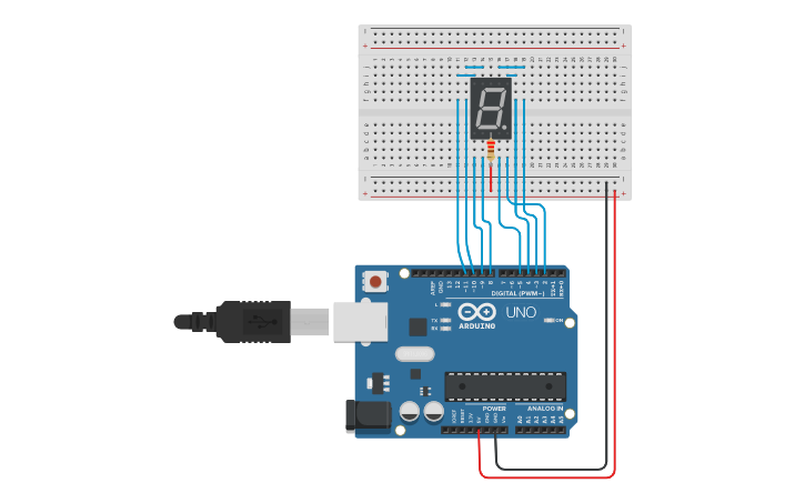 Circuit design 12 - Display 7 Segmentos (Ânodo comum) - Tinkercad