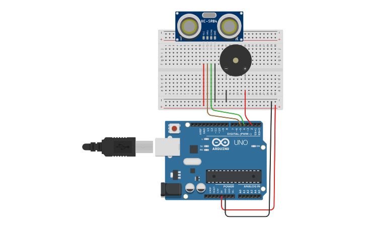 Circuit design Burglar alarm using an ultrasonic sensor - Tinkercad