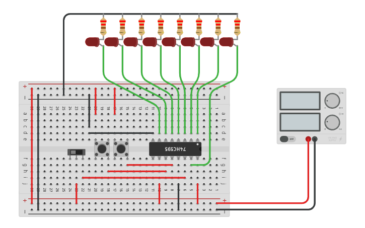 Circuit design Copy of 595 Shift Register - Tinkercad