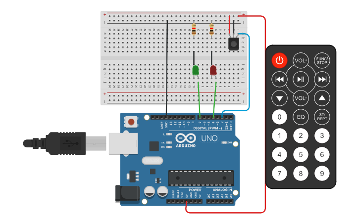 Circuit design Pratica 8 - IR Sensor/Comando | Tinkercad