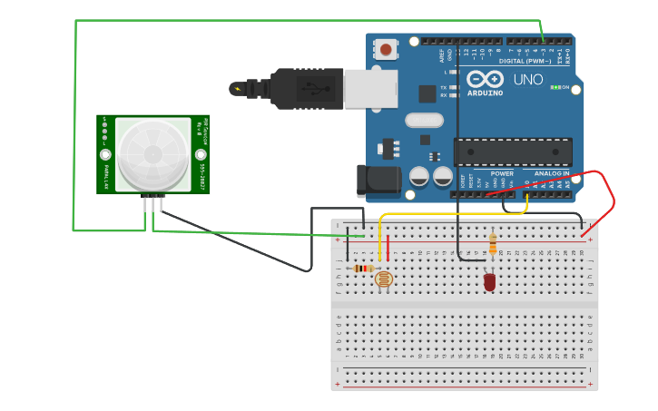 Circuit design Sensor de luz (LDR) + Sensor de movimiento (PIR) _ejemplo | Tinkercad