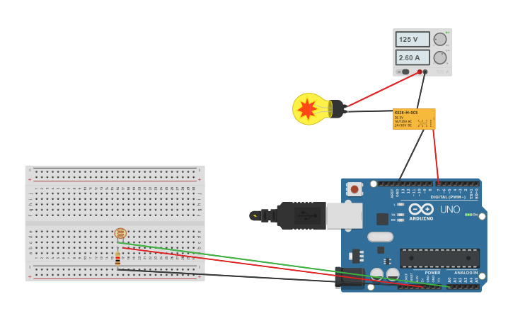 Circuit design LDR controlling light bulb - Tinkercad