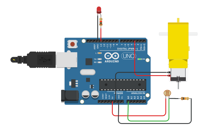 Circuit Design Photoresistor Controlled Led And Motor Tinkercad