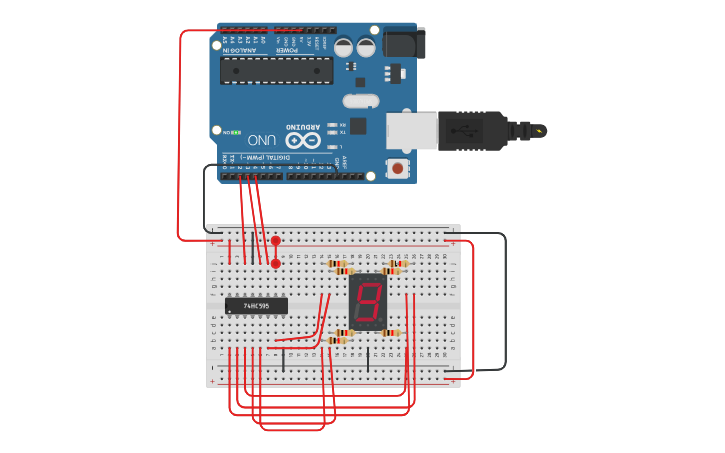 Circuit design 4-6七段顯示器74595 - Tinkercad