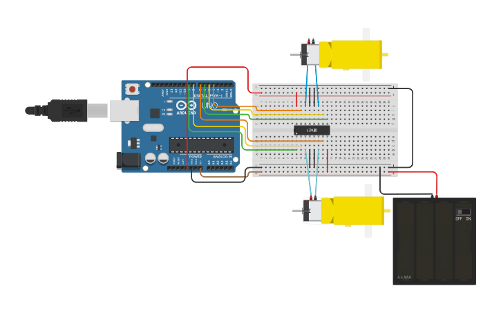 Circuit design Práctica 17: Control cambio de giro de dos motores utiliz. | Tinkercad