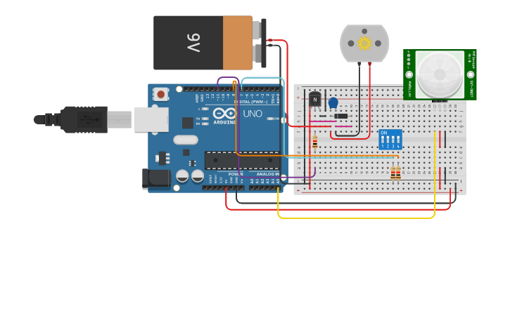 Circuit design EXERCISE 4.E DC MOTOR WITH PIR SENSOR - Tinkercad
