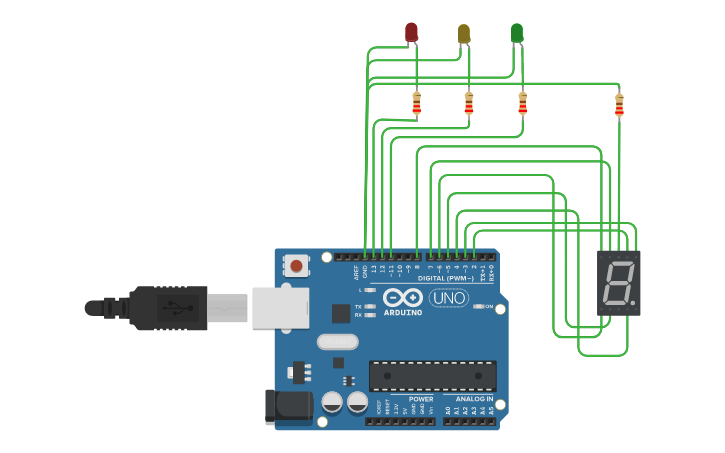 Circuit design Stoplight 7-Segment Display - Tinkercad