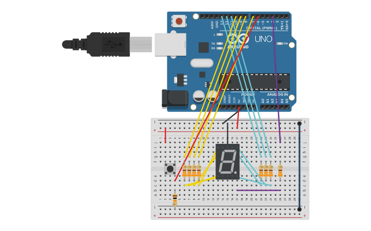 Circuit design display 7 segmenti con pulsante 08 - Tinkercad