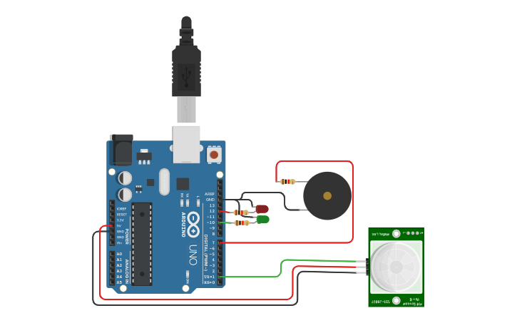 Circuit design Sensor+LED+Sound - Tinkercad