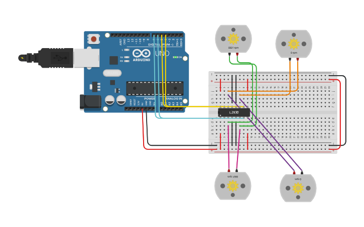 Circuit design 4dc moter (clock wise and anticlockwise) - Tinkercad