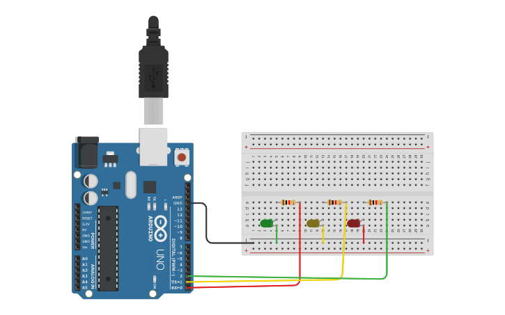 Circuit design Practica #5 Encendido de 3 leds (SEMAFORO) - Tinkercad