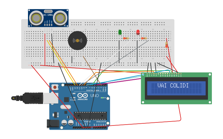 Circuit design Sensor distancia com aviso sonoro - Tinkercad
