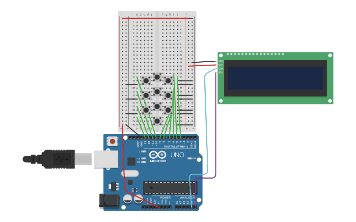 Circuit design WORKING LCD Display with buttons - Tinkercad