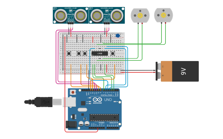 Circuit design Code Robot ultrasonic - Tinkercad