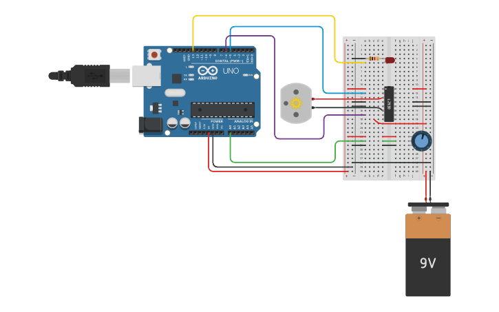 Circuit design Potentiometer,DC motor and LED - Tinkercad
