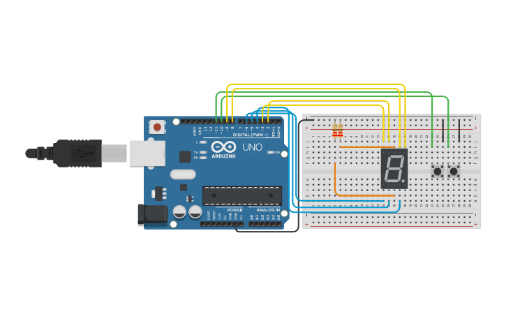 Circuit design 7 segment counter with 2 buttons - Tinkercad