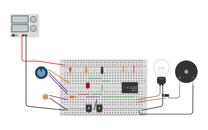 Circuit design Practica 1 LDR RELE TRANSISTOR | Tinkercad