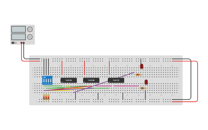 Circuit design Actividad 5. Implementación de un sumador binario con acarreo - Tinkercad