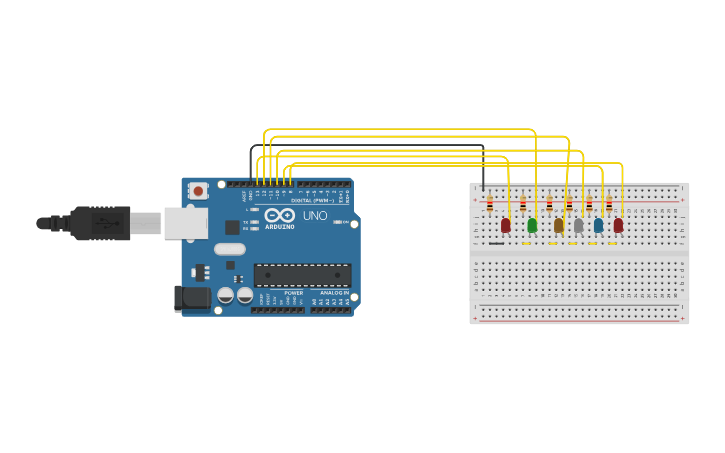 Circuit design circuito de 6 focos led - Tinkercad