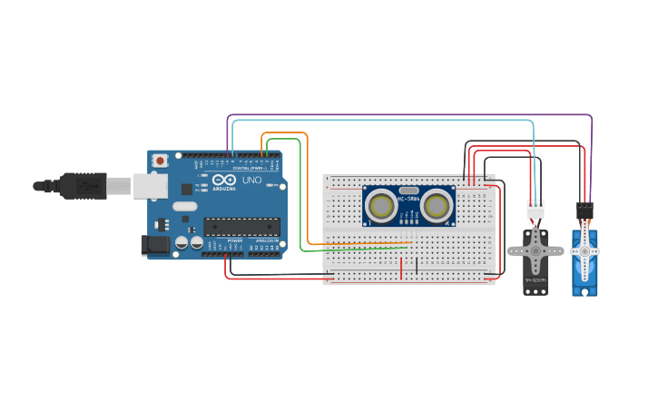 Circuit design Sensor Ultrasónico + Servomotores EX - Tinkercad