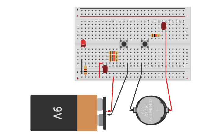 Circuit design 003 Push Button, Battery and LED Circuit - Tinkercad