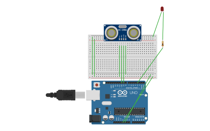 Circuit Design Ultrasonic Sensor Controlling Led Tinkercad
