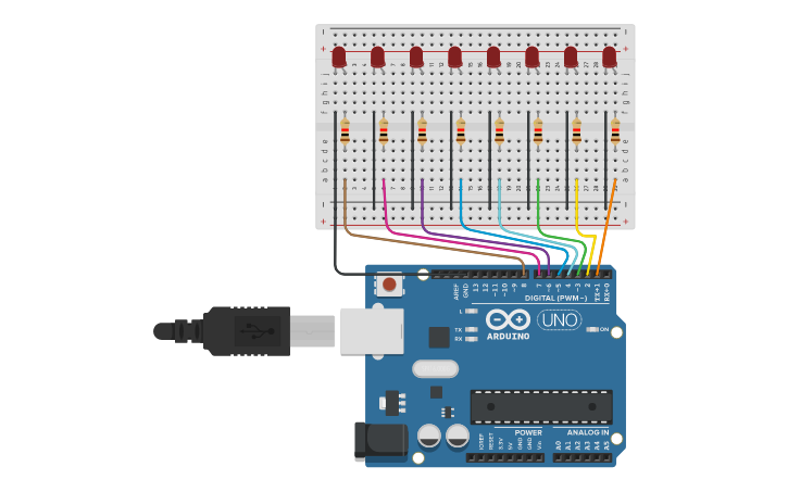 Circuit design 8 leds - Tinkercad
