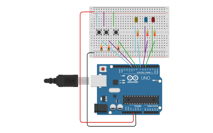 Circuit design circuito semaforo-pulsador - Tinkercad Circuit design circuito semaforo-pulsador - Tinkercad