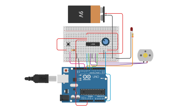 Circuit design 6.1.2 DC MOTOR LED BUTTON POTENTIO | Tinkercad