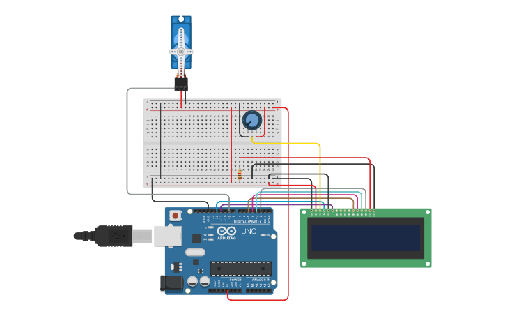 Circuit design Servo Motor and LCD - Tinkercad